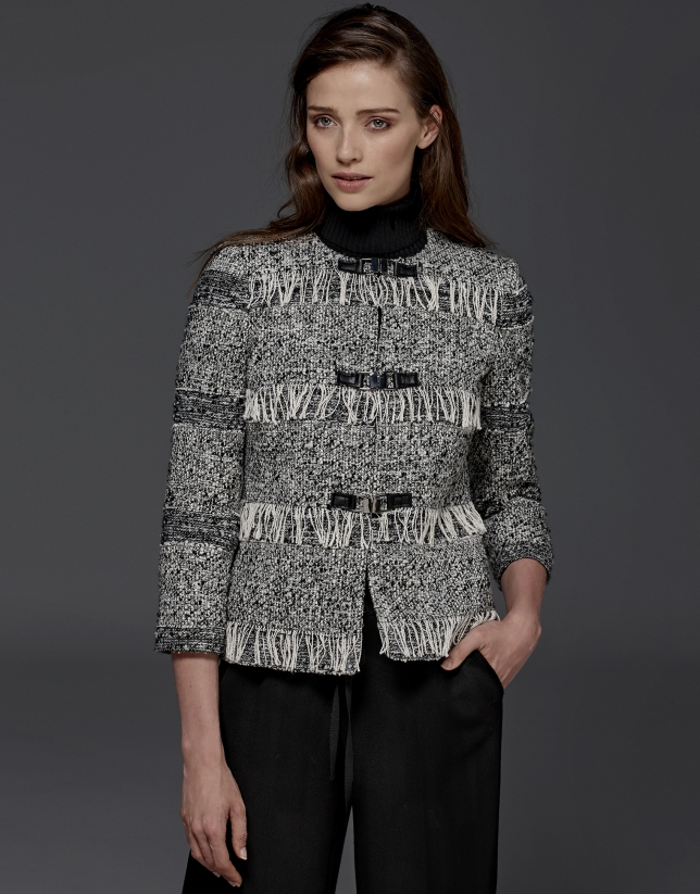 Grey cheviot jacket with fringe - Woman | Roberto Verino