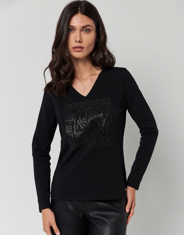 Black top with strass tiger design - Woman | Roberto Verino