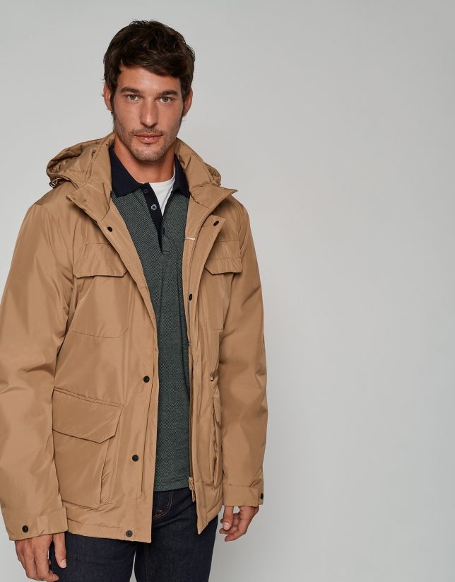Dark brown tech fabric parka with four pockets | Roberto Verino