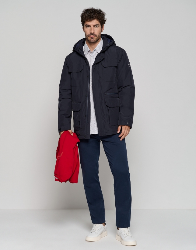 Navy blue tech fabric parka with four pockets | Roberto Verino
