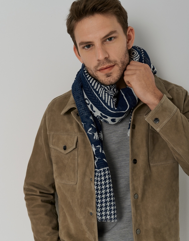 Fular patchwork tonos marino y blanco - Hombre | Roberto Verino